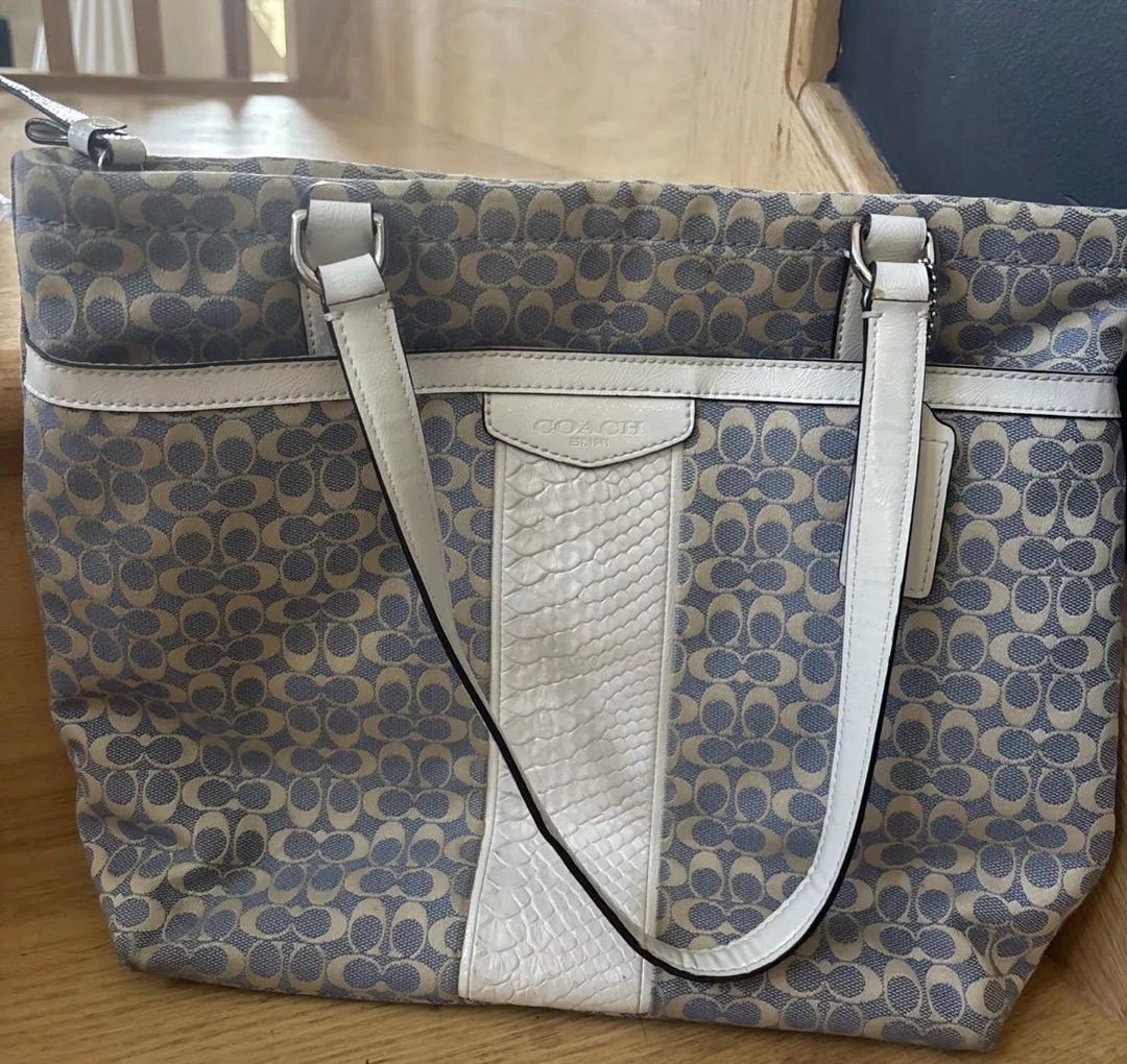 COACH Blue White Leather Monogram Signature Stripe Tote-mint - Etsy