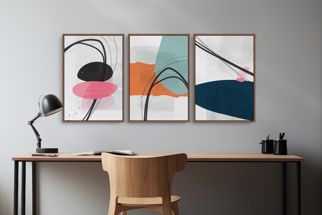Abstract Painting MCM Triptych Wall Art, Retro Colorful Gallery Wall ...