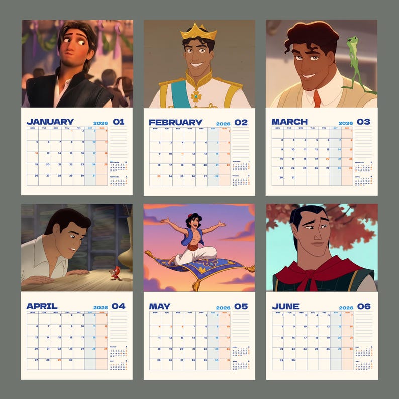 Disney Prince Calendar 2026, Fairy Tales Monthly Planner, Bedroom Decor ...