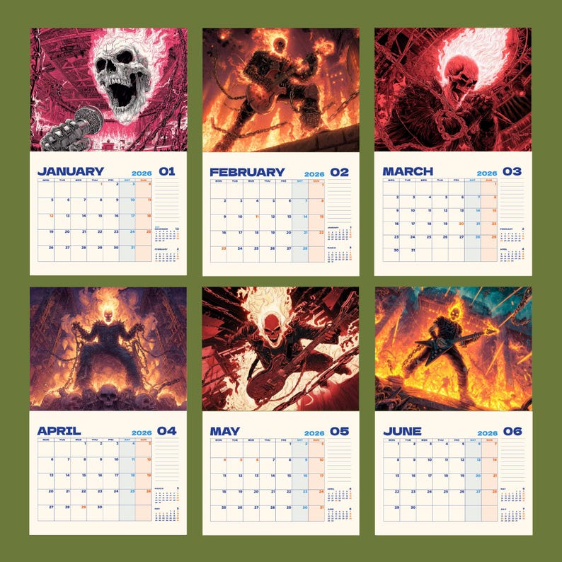 Hellfire Skull Rider Calendar 2026, Dark Fantasy Punk Rock Wall ...