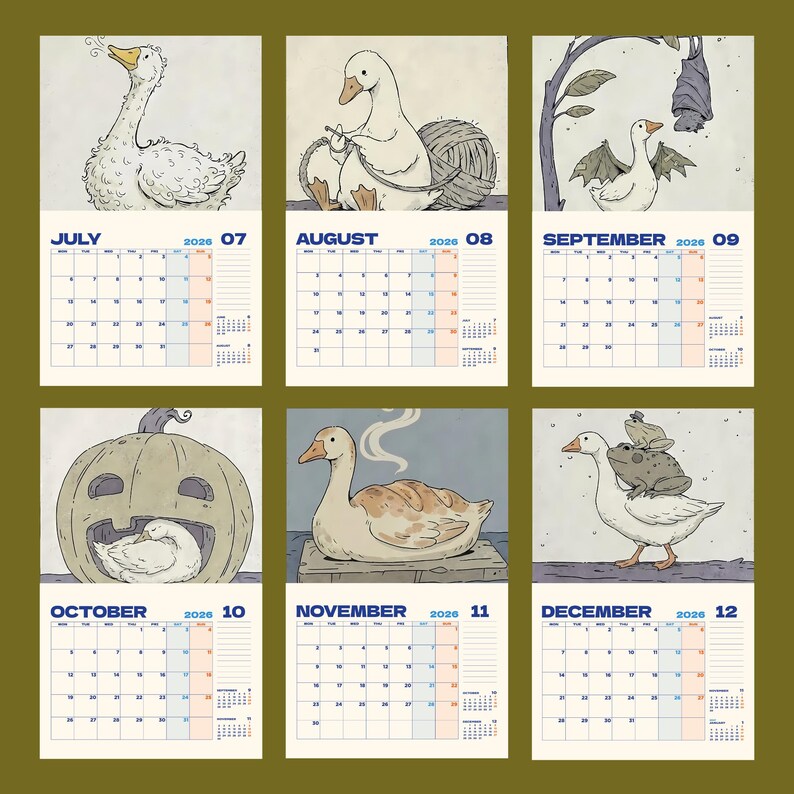 Funny Goose Calendar 2026, Playful Goose Illustrations, Cute Animal ...