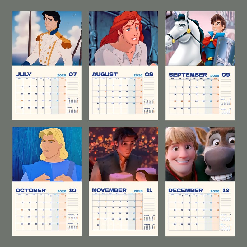 Disney Prince Calendar 2026, Fairy Tales Monthly Planner, Bedroom Decor ...