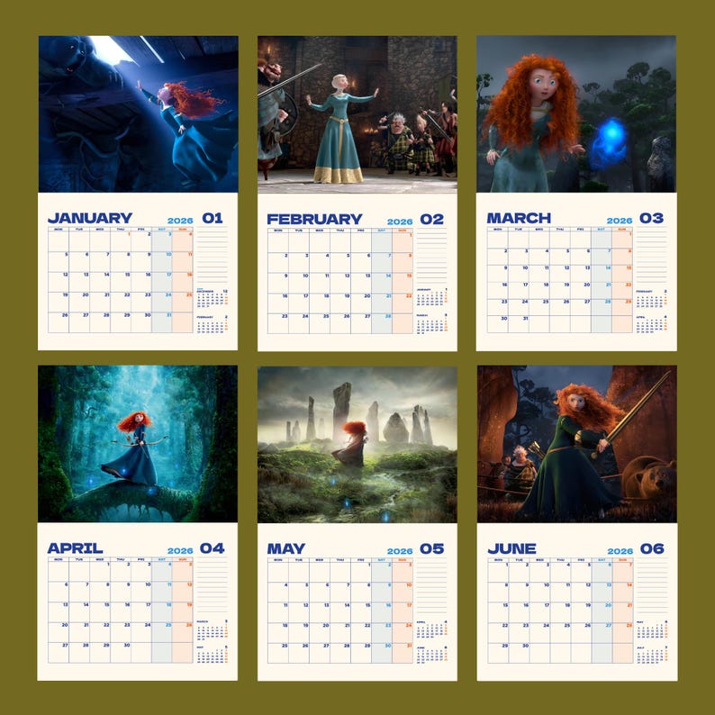 Brave Princess Merida 2026 Wall Calendar, Disney Pixar Poster, Celtic ...