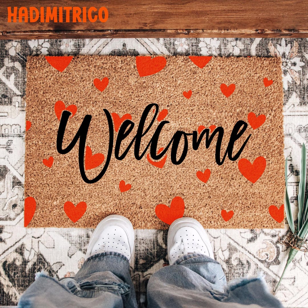Welcome Heart Doormat, Cute Red Heart Welcome Mat for Front Porch ...