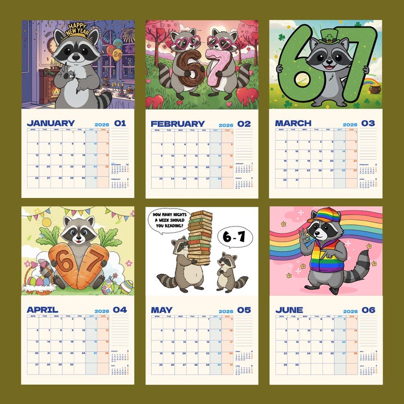 Raccoon Six Seven Calendar, Gen Z Meme Monthly Planner, Children Wall ...