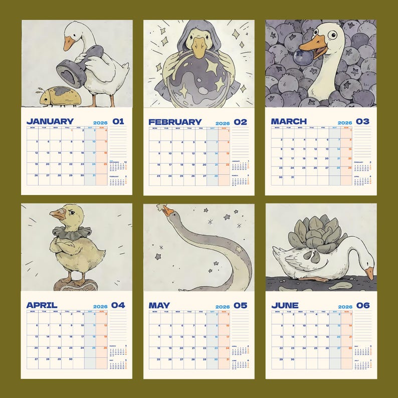 Funny Goose Calendar 2026, Playful Goose Illustrations, Cute Animal ...