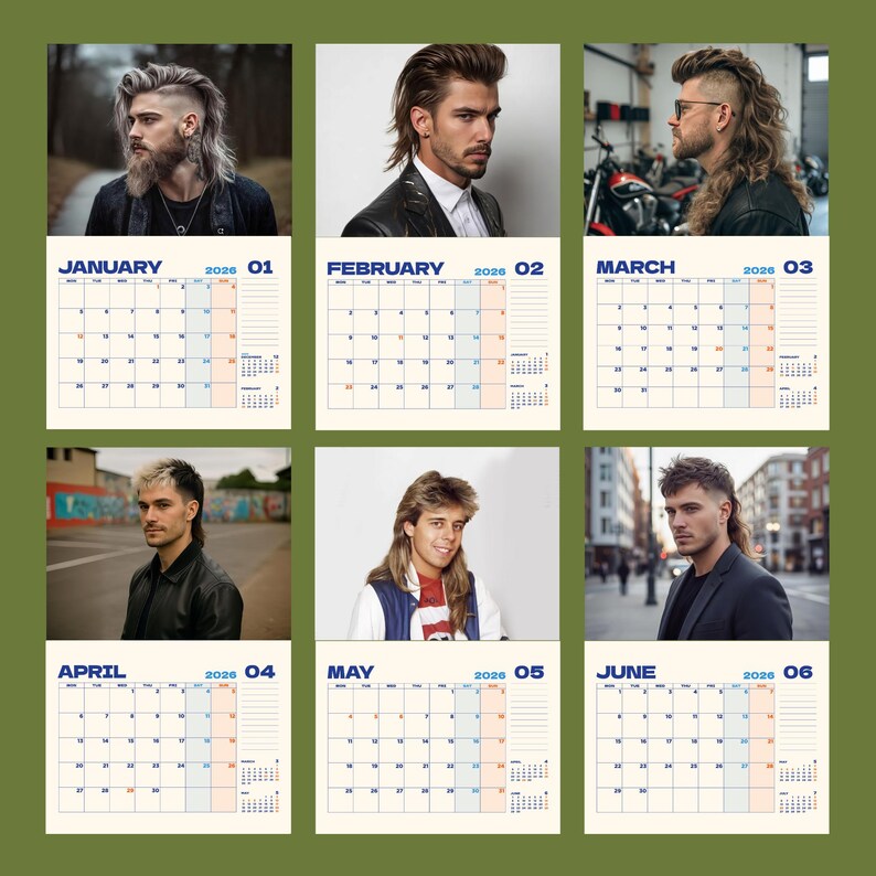 Men With Mullets 2026 Wall Calendar, 2026 Monthly Calendar, White ...