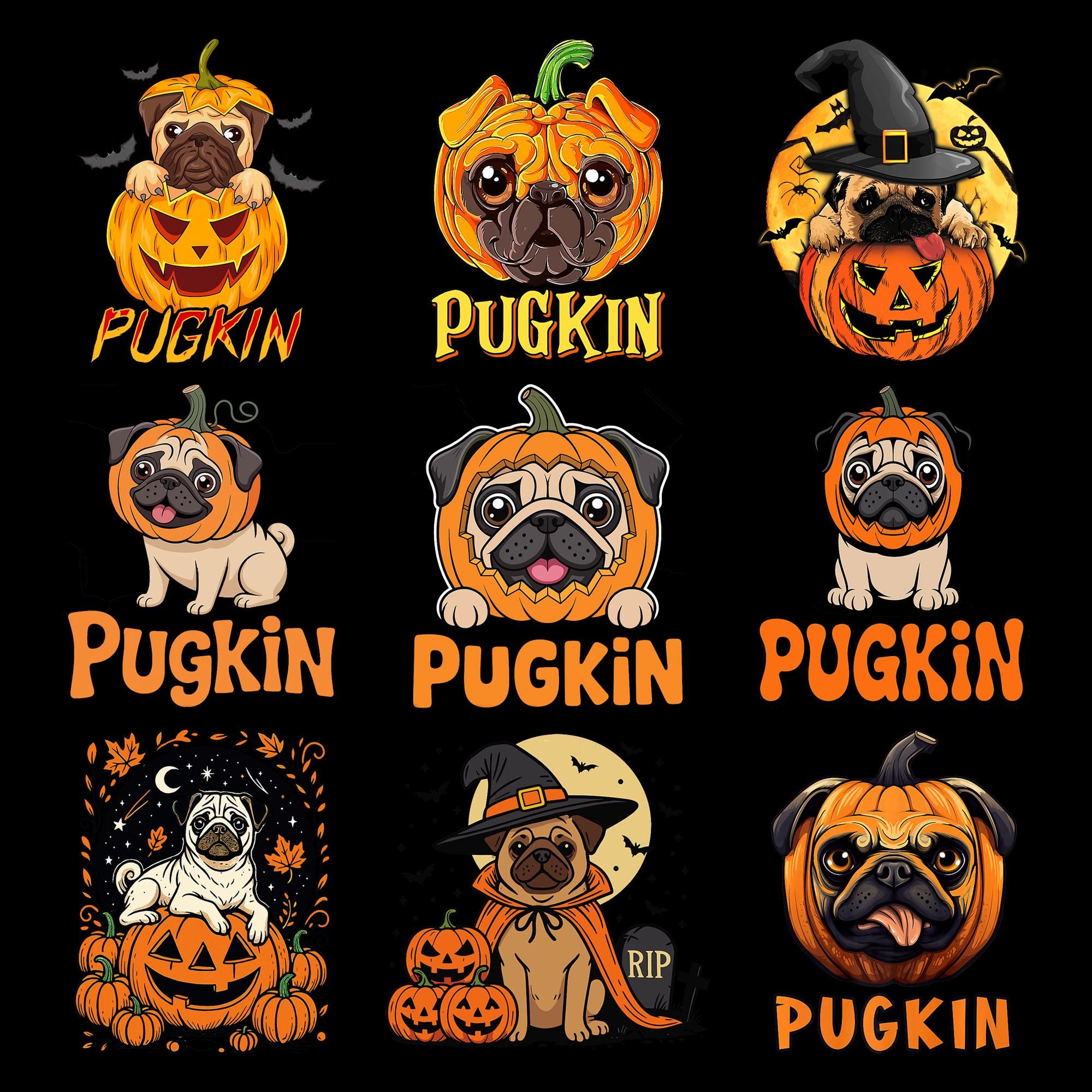 Retro Halloween Pug Dogs PNG Bundle, Cute Pugs in Witch Png, Pumpkin ...