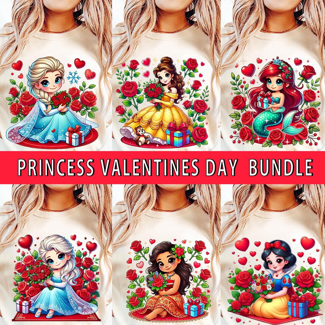 Cute Princess Cartoon Valentine's PNG Bundle, Princess Valentines Png ...