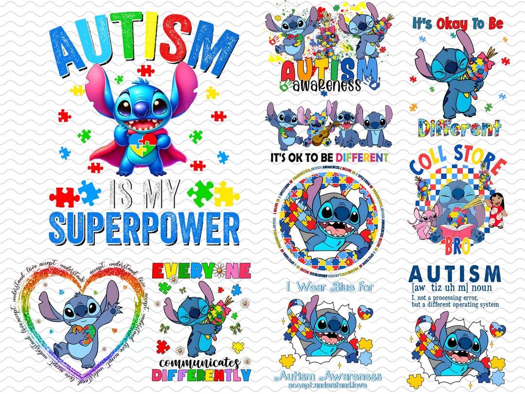 Autism Stitch Bundle Png, Cartoon Autism Puzzle Png, Autism Blue ...