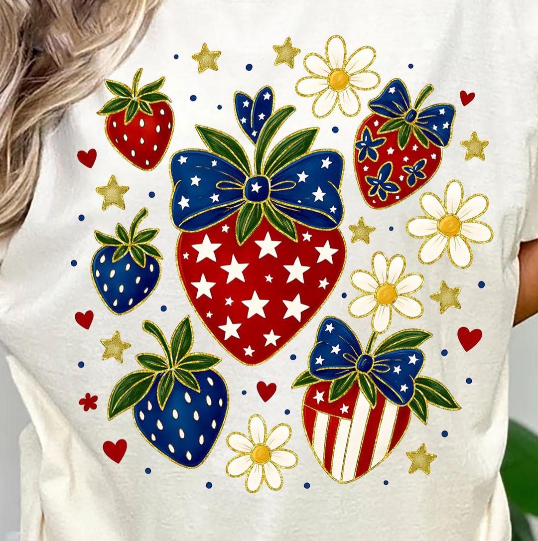 Boho 4th of July Strawberry PNG, Patriotic Bow Sublimation Design ...