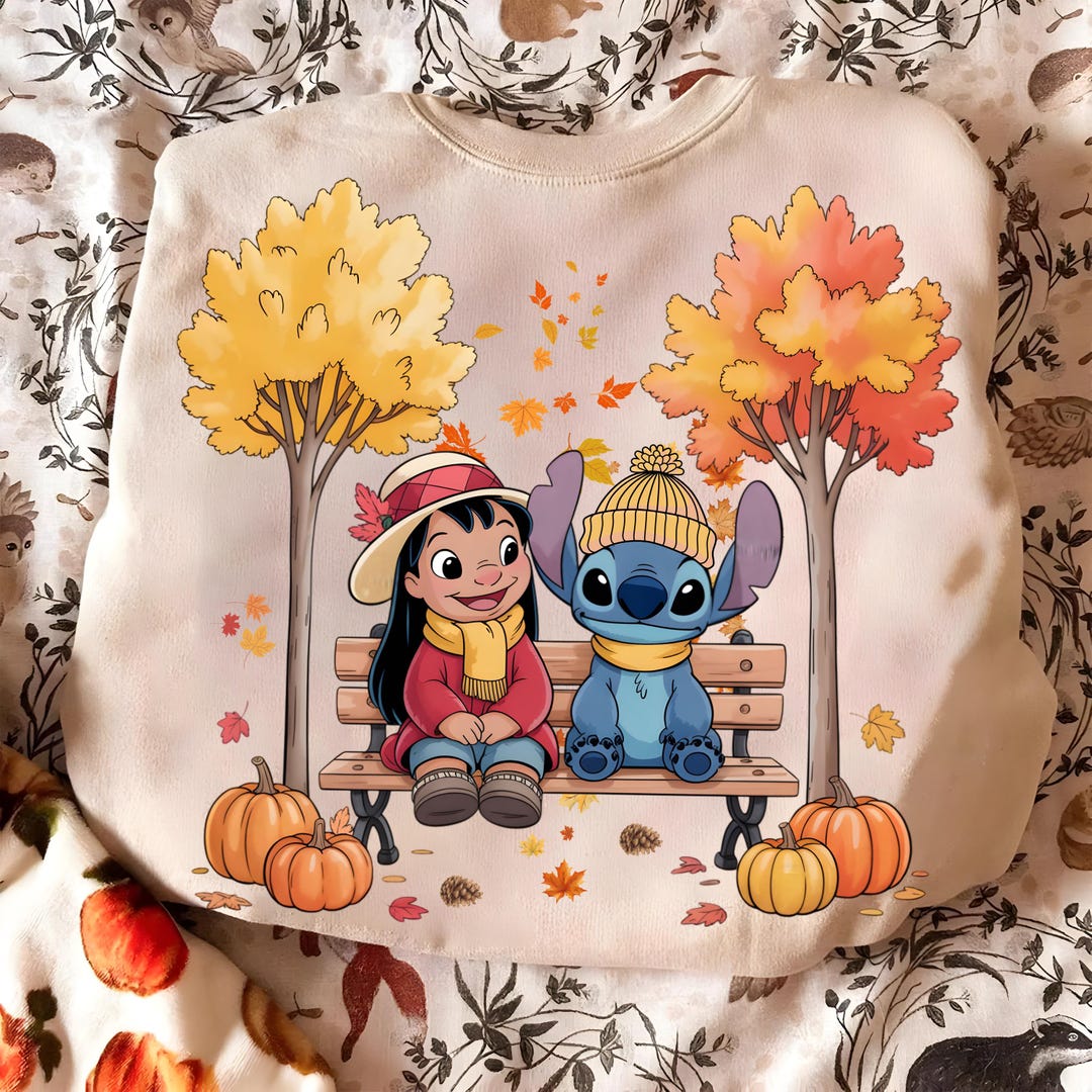Fall Lilo and Stitch PNG, Autumn Bench Scene Sublimation Design ...