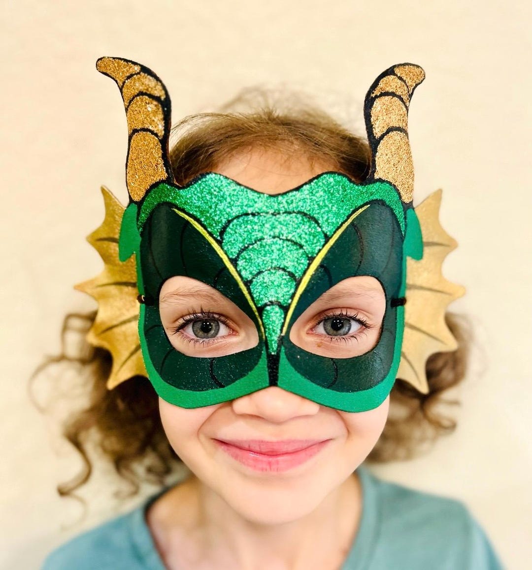 Green and Gold Dragon Mask - Halloween - Purim - Dress up - Costume ...