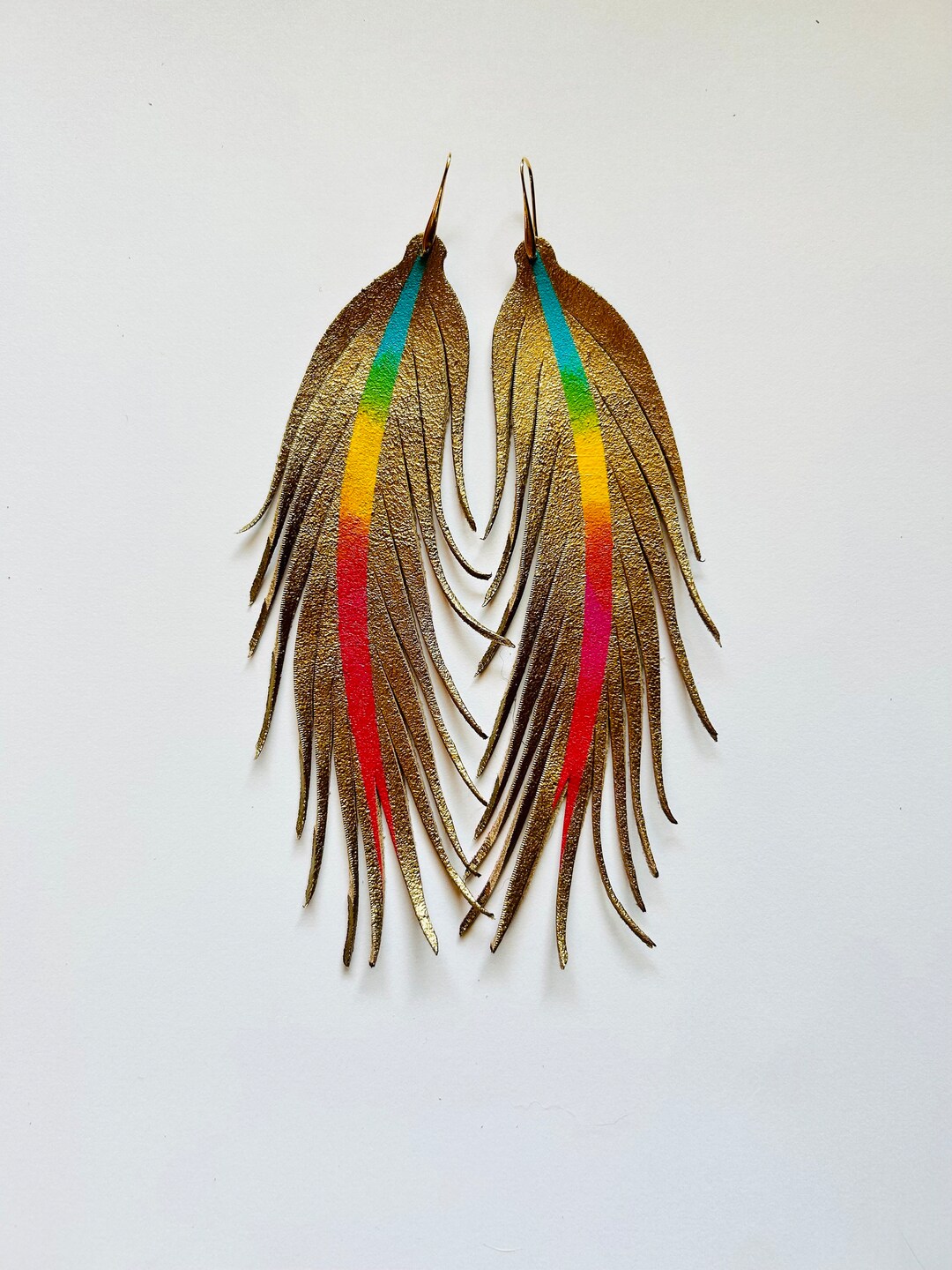 LONG Gold With Center Rainbow Feather Earrings - Leather Feather ...