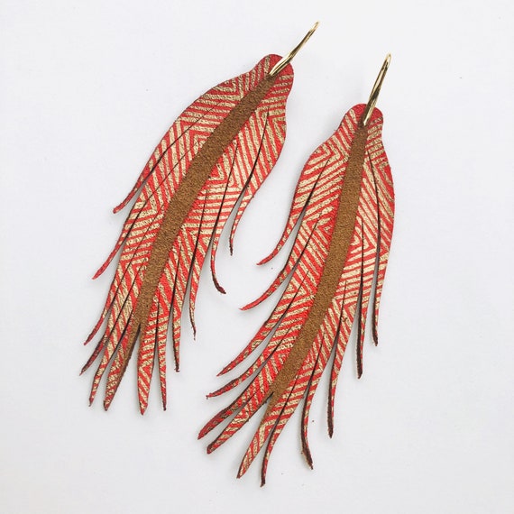 Red With Gold Tribal Design Feather Earrings SHORT 4.5 | Etsy