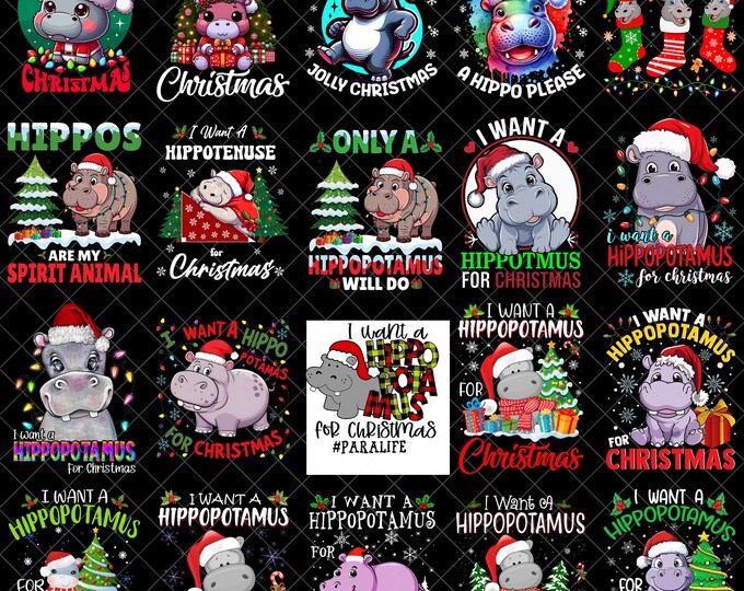 I Want a Hippopotamus Christmas PNG Bundle, Cute Hippo Christmas ...