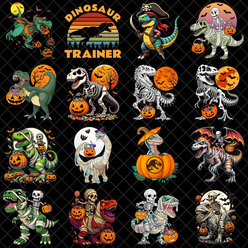 Halloween Dinosaur PNG Bundle, Scary T Rex Skeleton Pumpkin Sublimation ...