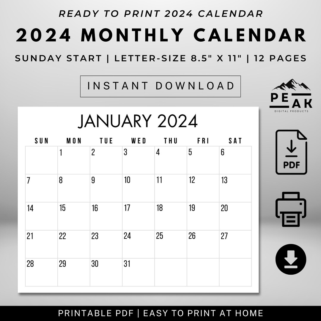 Printable Minimalist 12 Month Calendar for 2024 Monthly Planner Letter ...