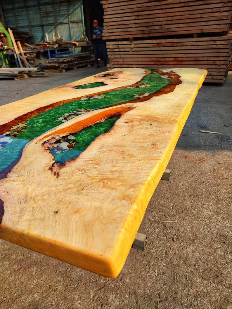 Ocean Deep Green Epoxy Ash Kitchen Table, Aquarium Epoxy River Dining ...