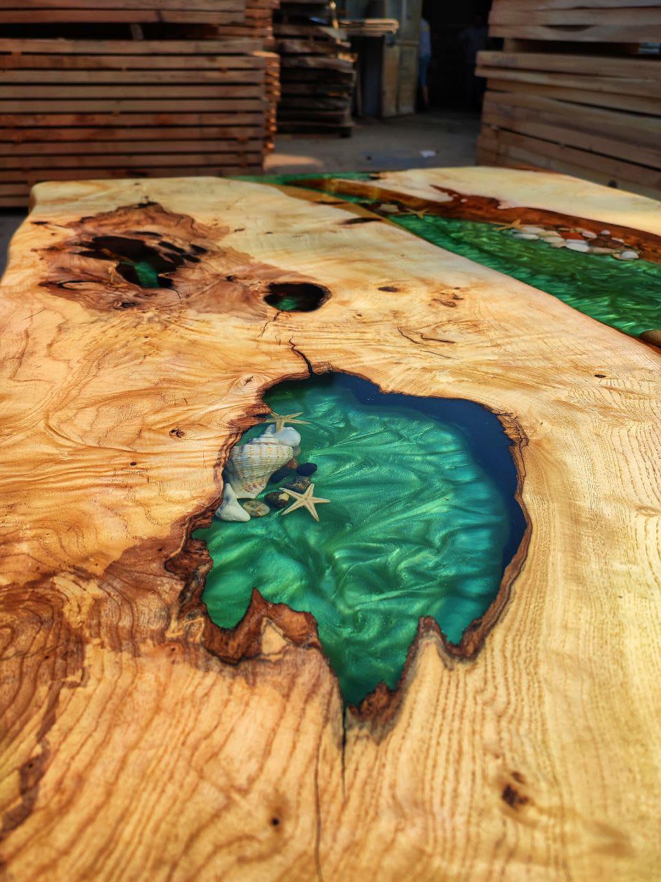 Ocean Deep Green Epoxy Ash Kitchen Table, Aquarium Epoxy River Dining ...