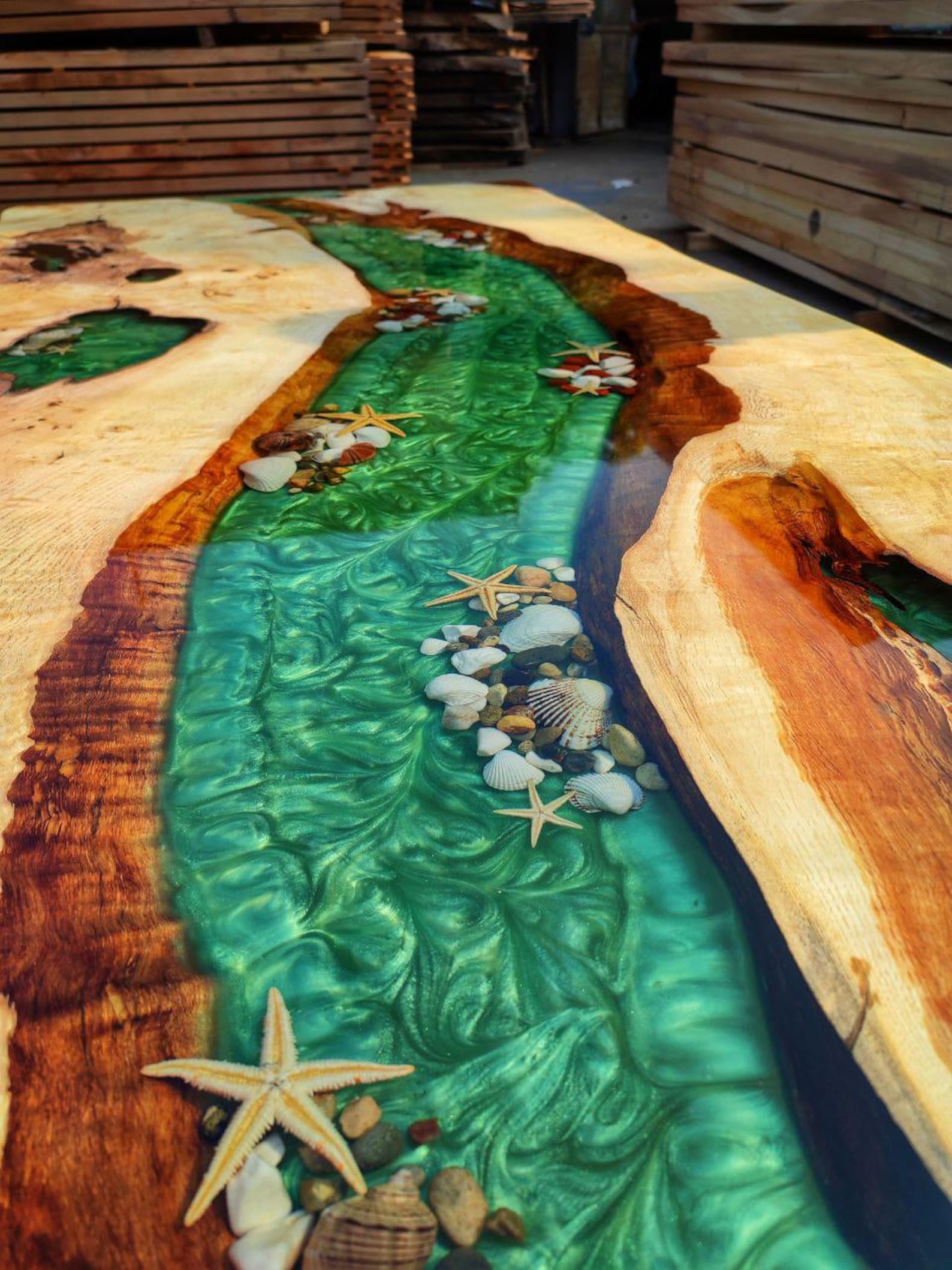 Ocean Deep Green Epoxy Ash Kitchen Table, Aquarium Epoxy River Dining ...
