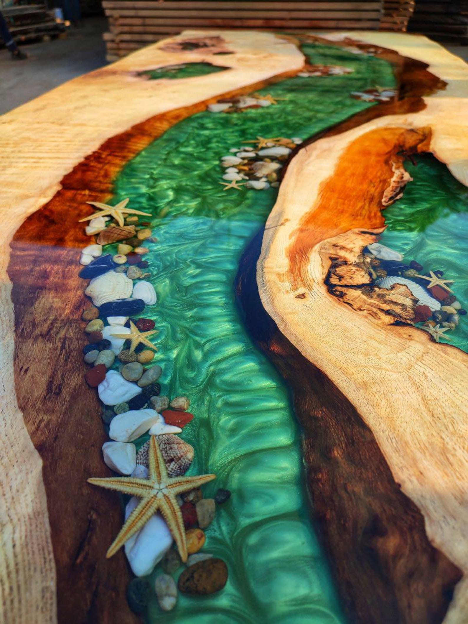 Ocean Deep Green Epoxy Ash Kitchen Table, Aquarium Epoxy River Dining ...