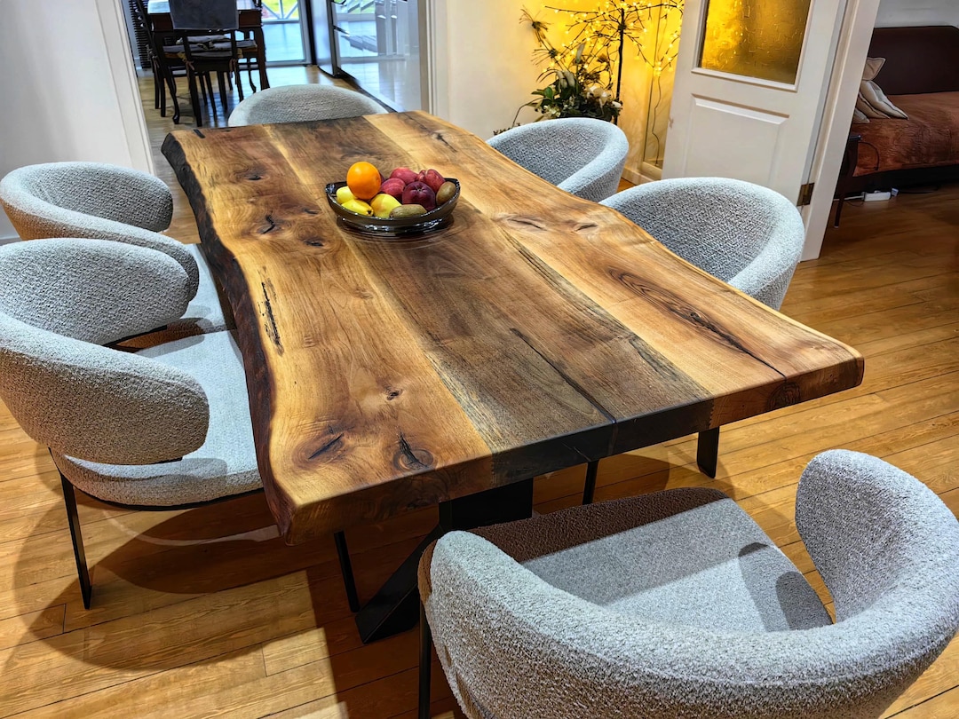 Walnut Wooden Living Edge Dining Table, Handmade Solid Kitchen Rustic ...