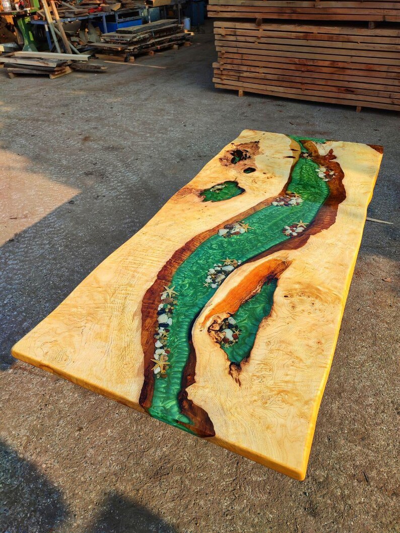 Ocean Deep Green Epoxy Ash Kitchen Table, Aquarium Epoxy River Dining ...