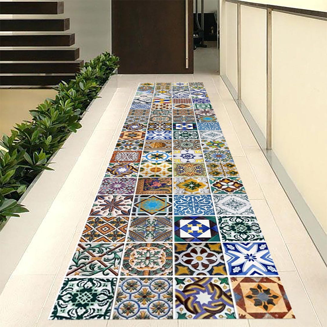 Mosaic Tile Pattern Runner, Minimal Entryway Carpet, Hallway Runner ...