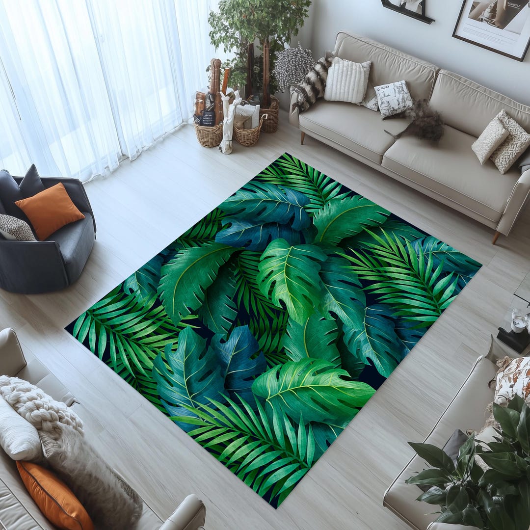 Leaf Pattern Rug, Big Green Leaf Rug, Green Plant Rug, Leaf Design Rug ...