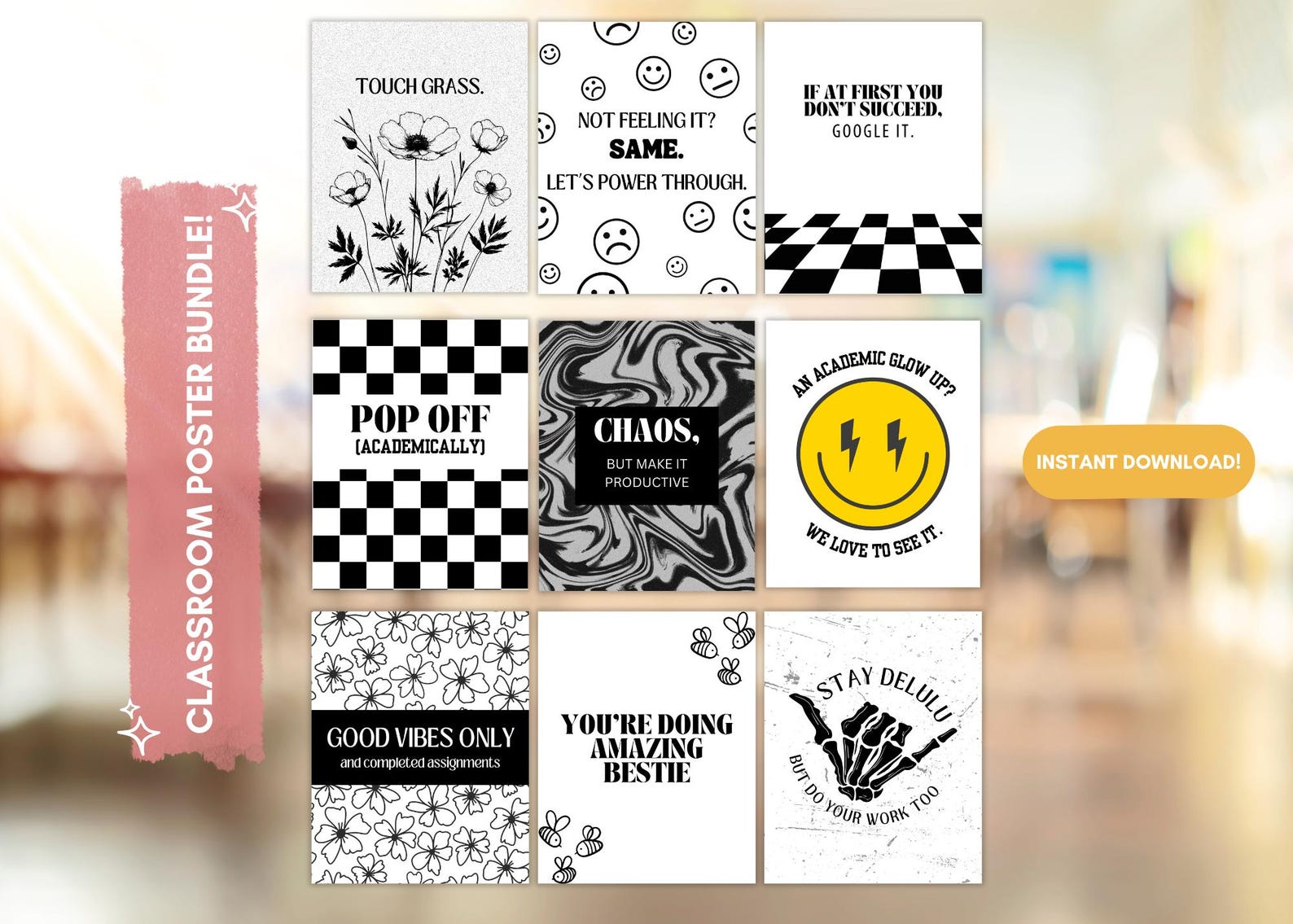 Gen Z Classroom Posters – Black & White Retro Teacher Decor, 9 Poster ...