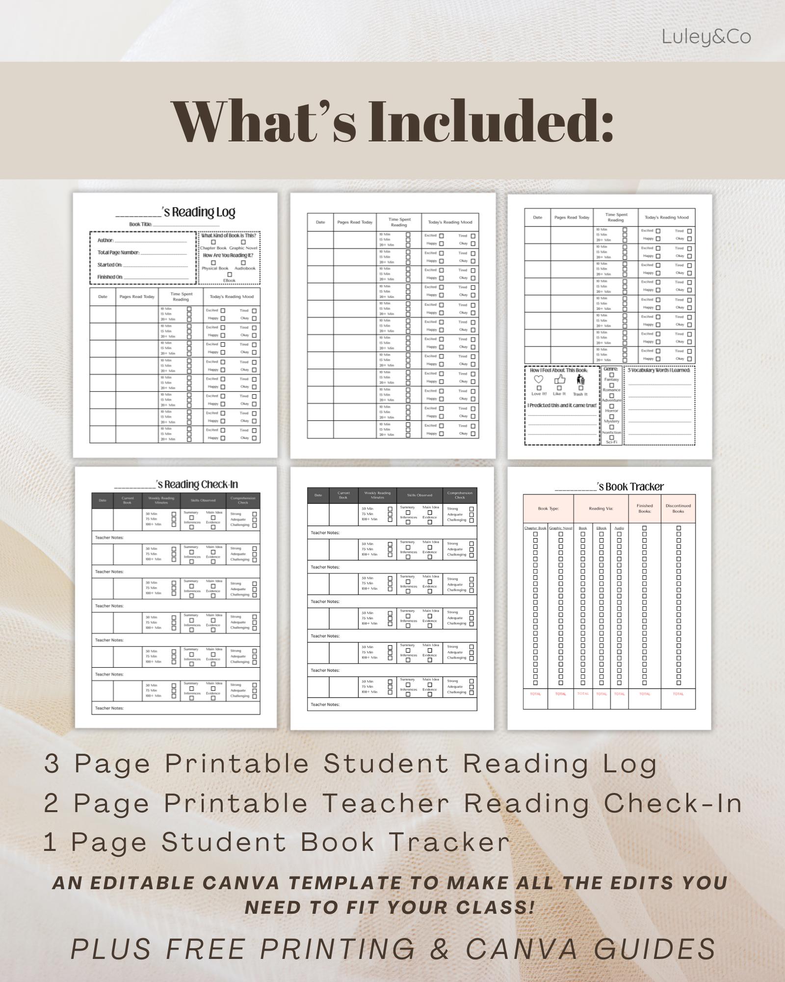 Classroom Reading Tracker Set: Student Reading Log (editable Canva ...