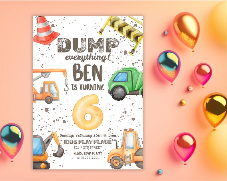 Dump Everything Birthday Invitation | Construction Truck Party Invite ...