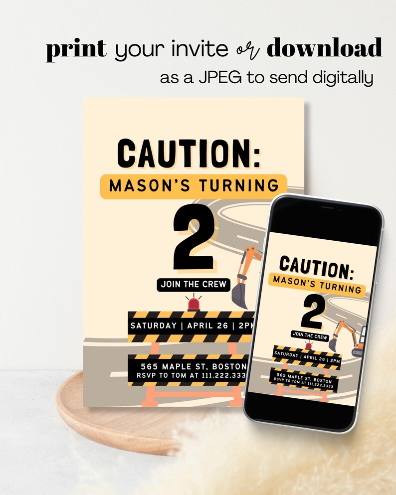 Construction Birthday Invitation, Caution 2nd Birthday Invite, Editable ...
