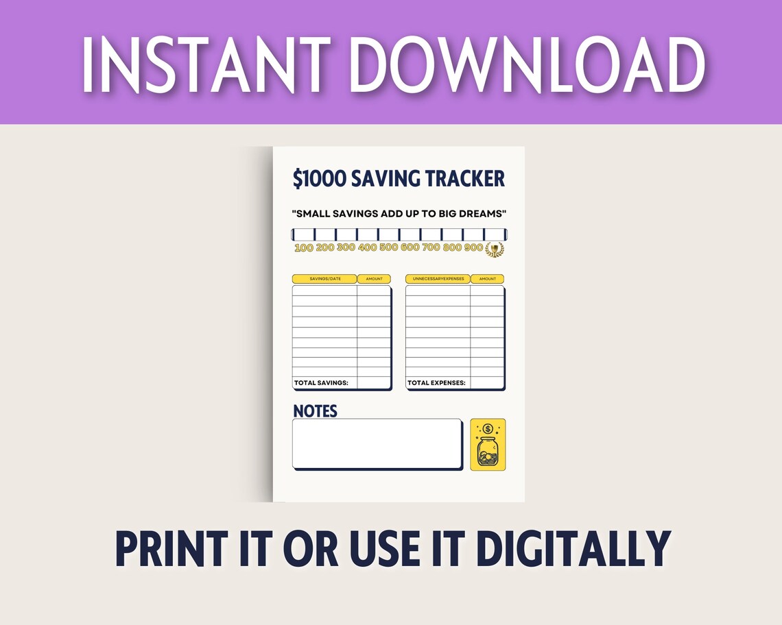 Ultimate 1000 Tracker Printable Budget Planner With Progress Bar ...