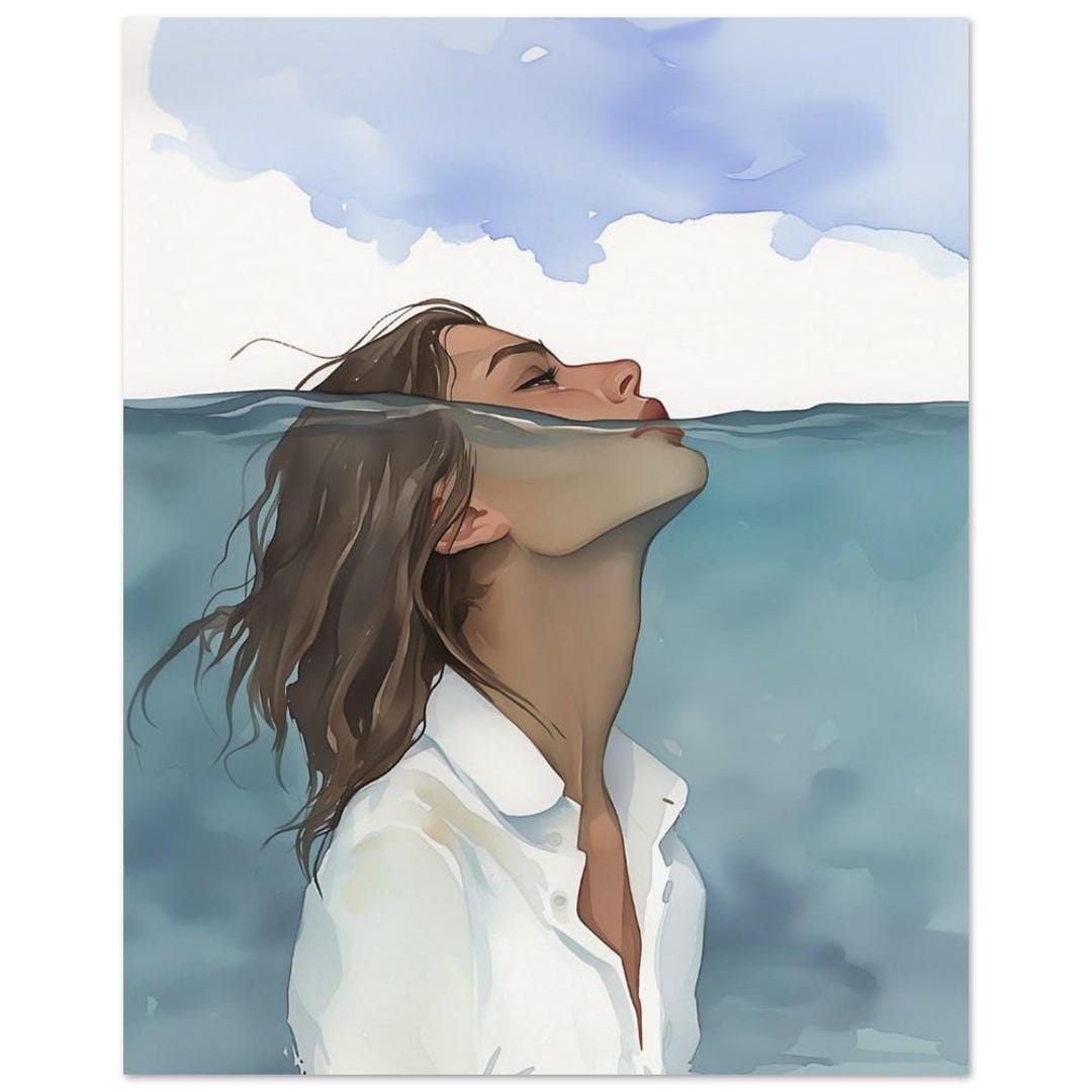 Drowning Woman, Watercolor Painting, Woman Print, Woman and Sea ...