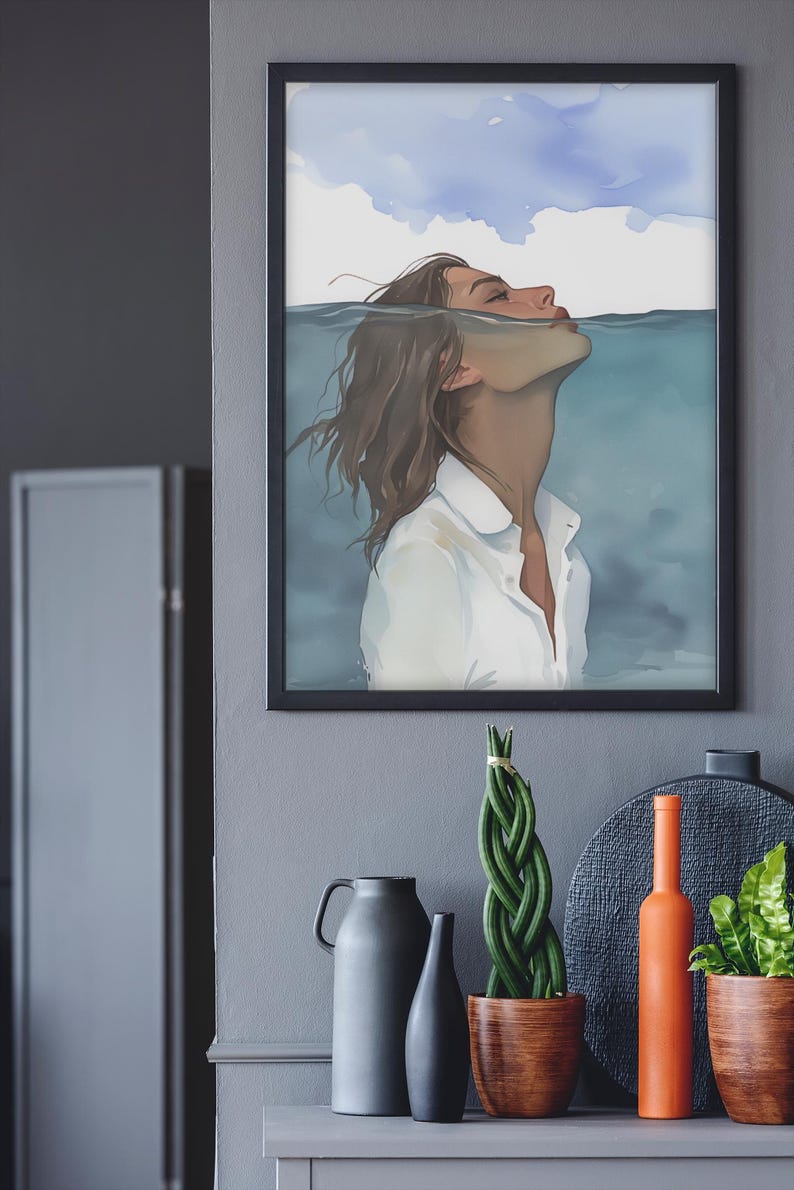 Drowning Woman, Watercolor Painting, Woman Print, Woman and Sea ...