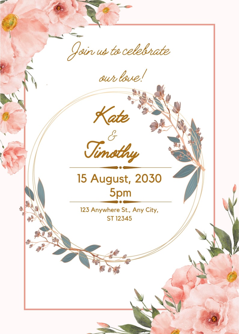Pink Flower Wedding Invitation Template Set. Wedding Invitation and ...