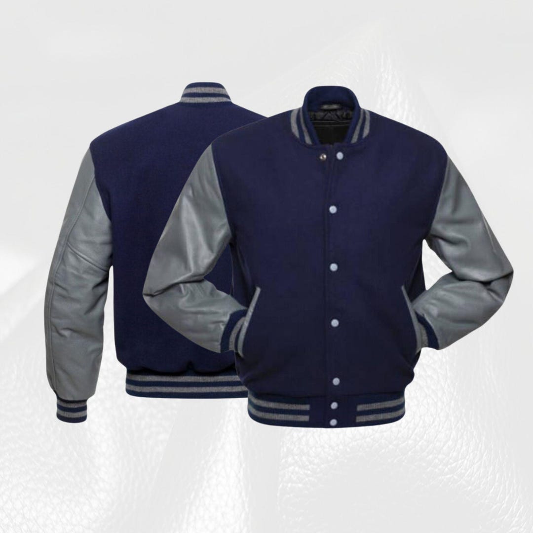 Navy Blue Gray Varsity Jacket Bomber Jacket Baseball Jacket Letterman ...
