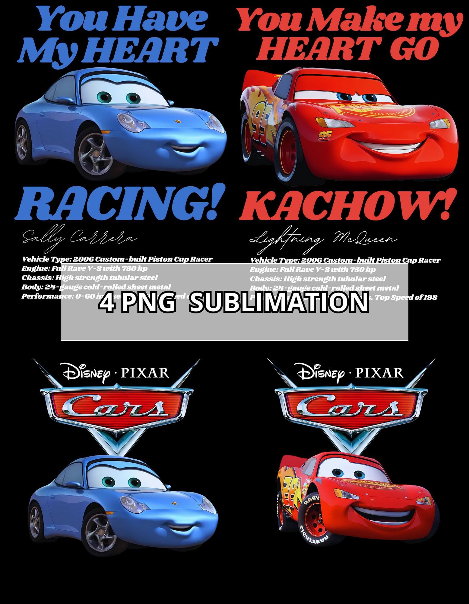 Pareja Rayo Mcqueen y Sally Png, Kachow L. Mcqueen, Regalo de aniversario de San Valentín ...