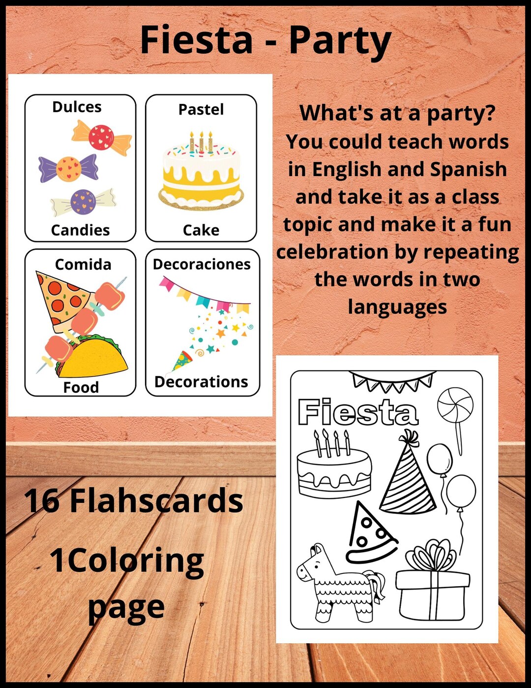 Topic Fiesta (party) Spanish and English /16 Flahscards & 1 Coloring ...