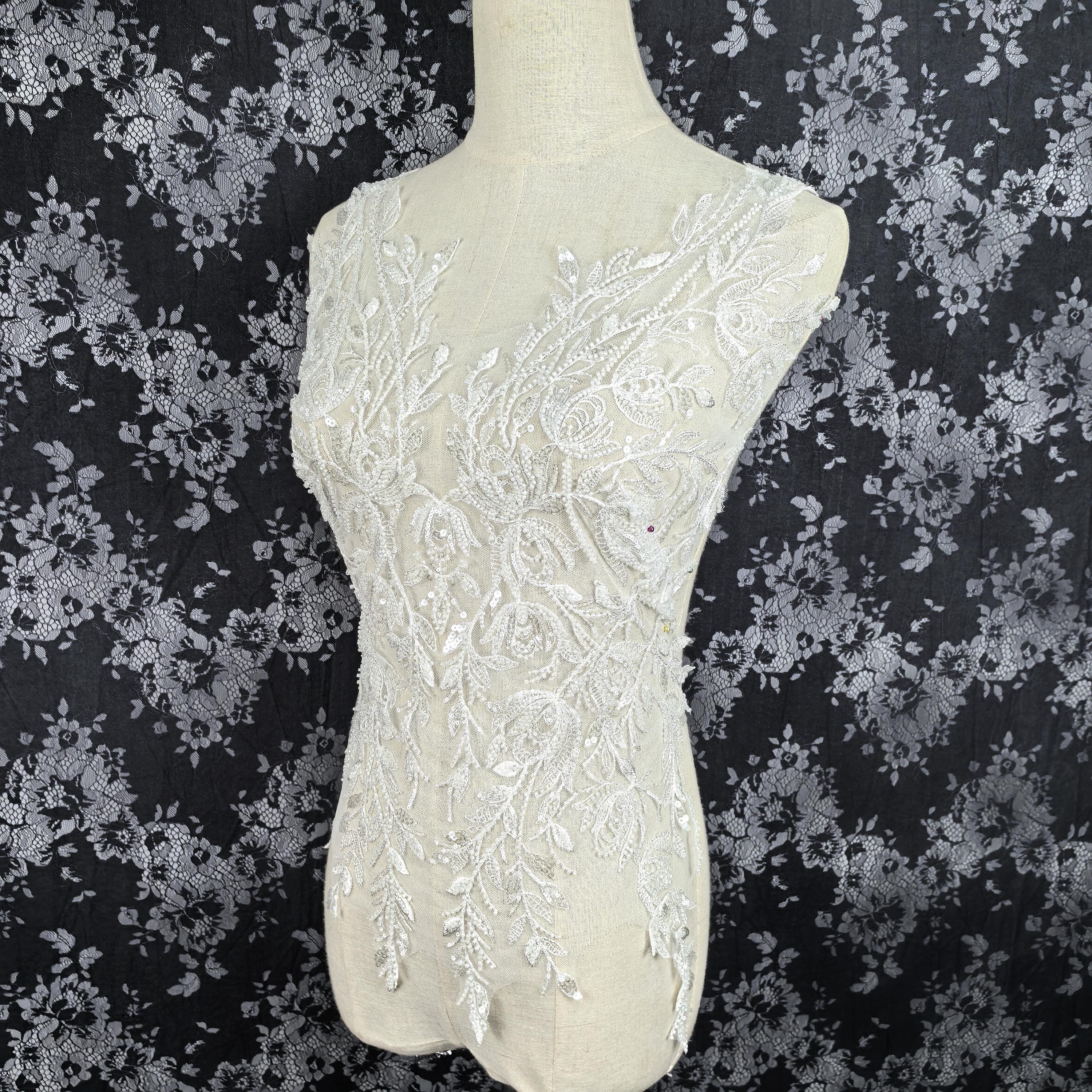 White Beaded Wedding Bodice: Silver Lace Leaf Applique - Etsy
