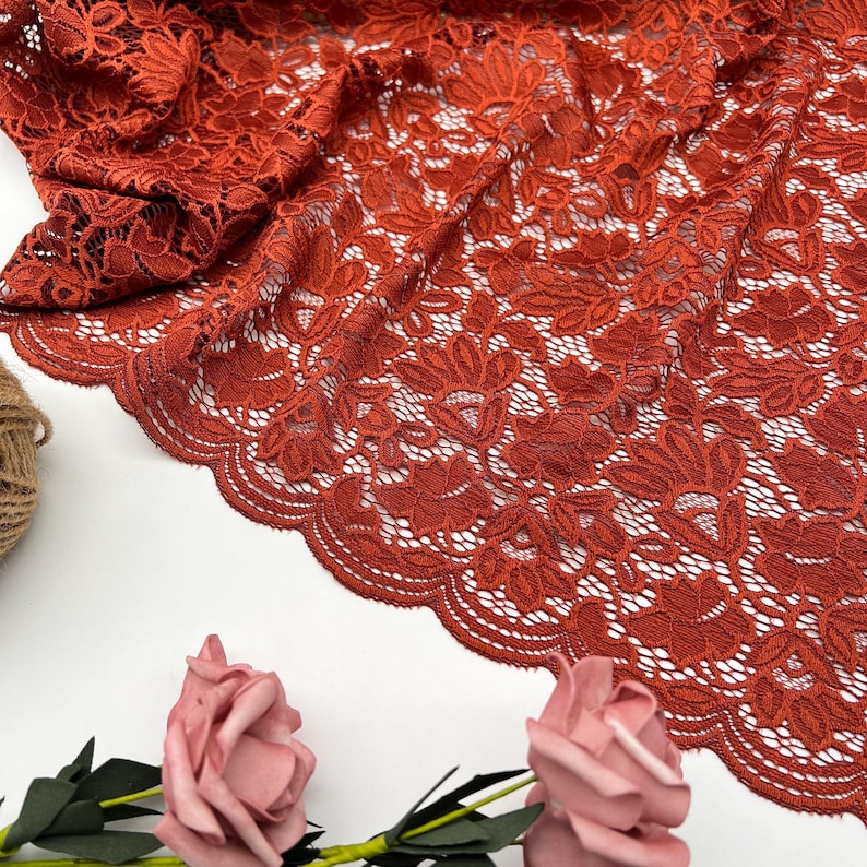 Brick Red Leaf Lace Fabric: Stretch Floral Spandex With Scallop Edge - Etsy
