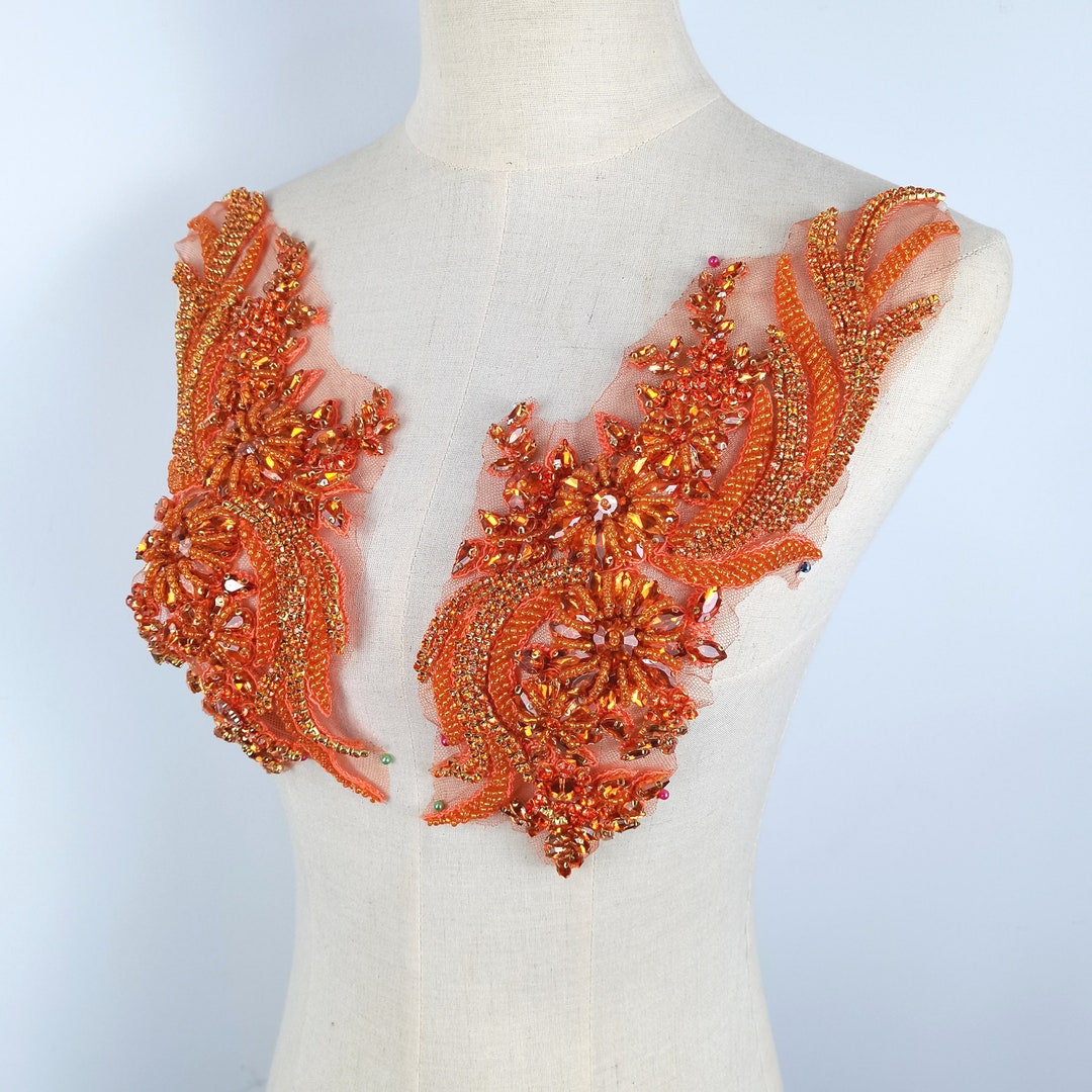 Orange Heavy Rhinestone Applique, French Bead Applique Pair, Crystal ...