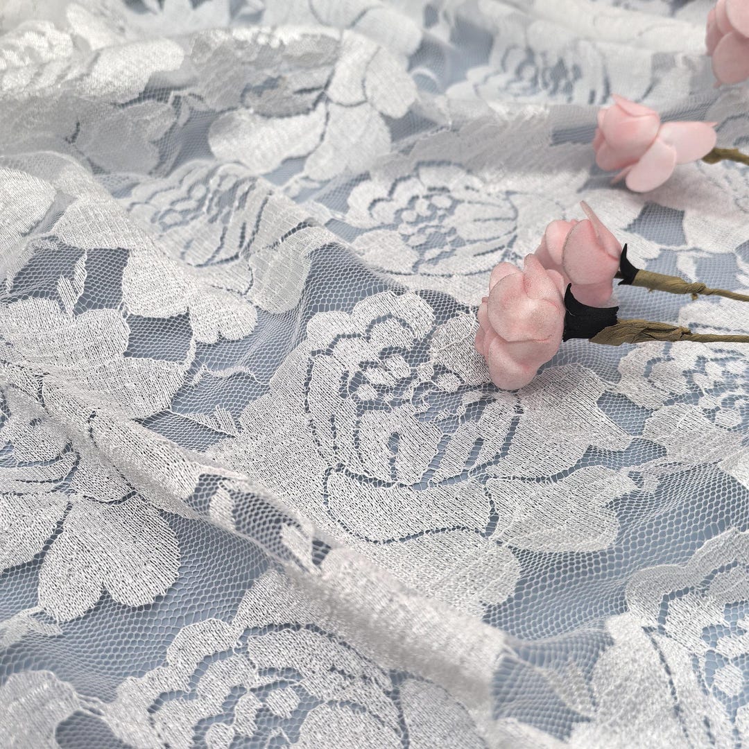 White Rose Flower Lace Fabric, Floral Knitting Lace, Off-white Lace ...