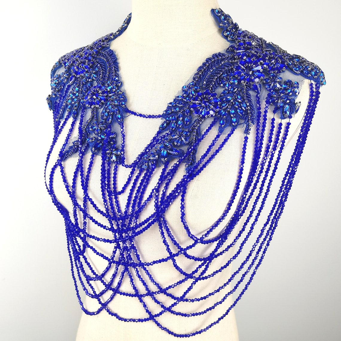 Royal Blue Rhinestone Applique With Tassel, Long Tassel Beaded Applique ...
