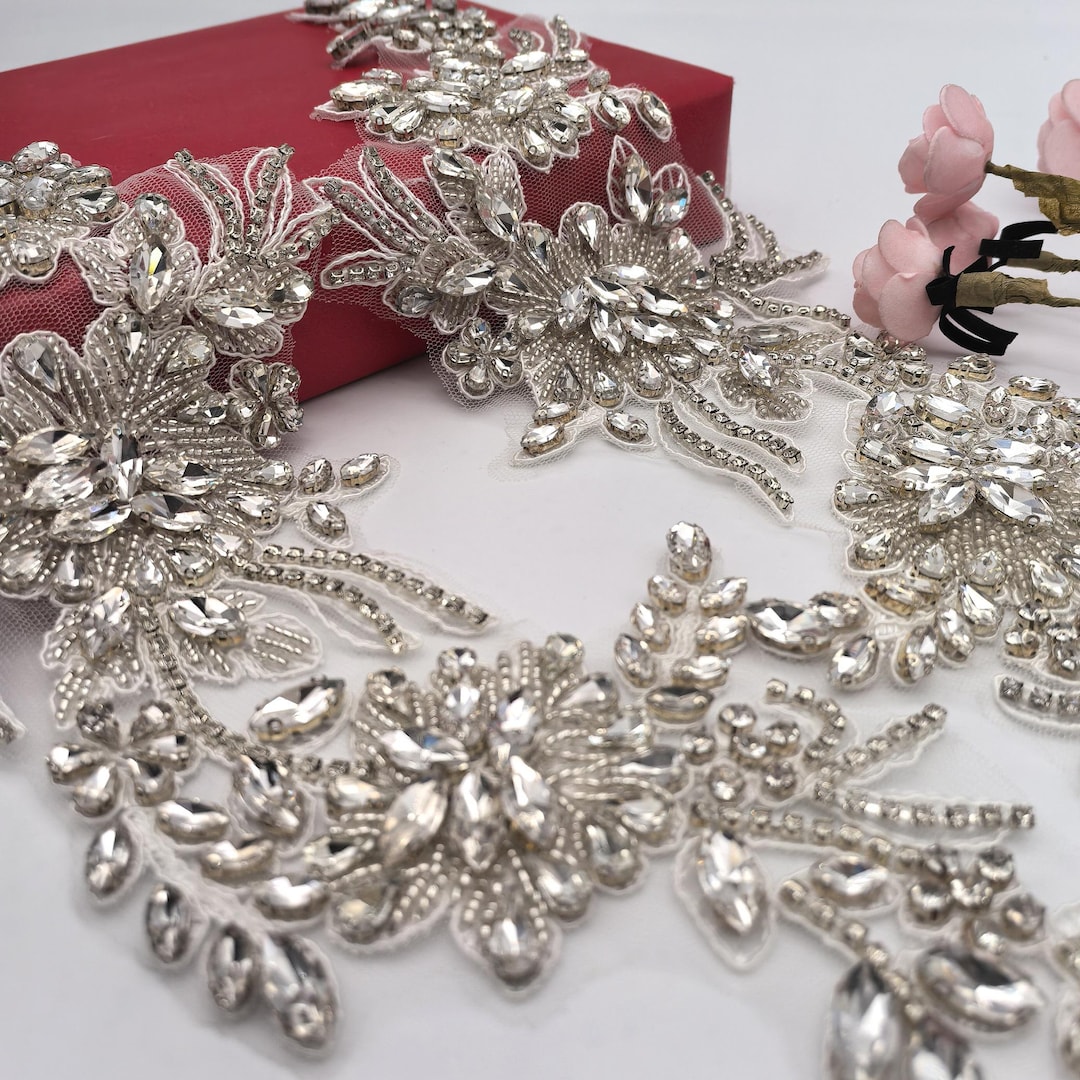Silver French Bead Applique, Crystal Rhinestone Applique, Wedding Lace ...