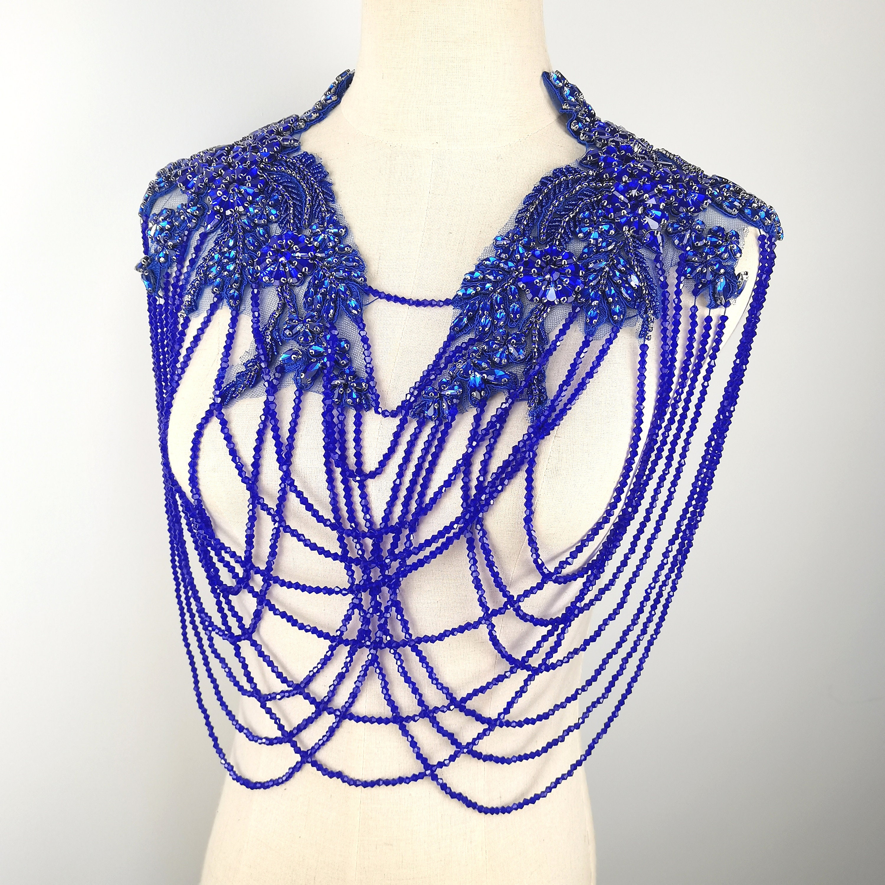 Royal Blue Rhinestone Applique With Tassel, Long Tassel Beaded Applique ...
