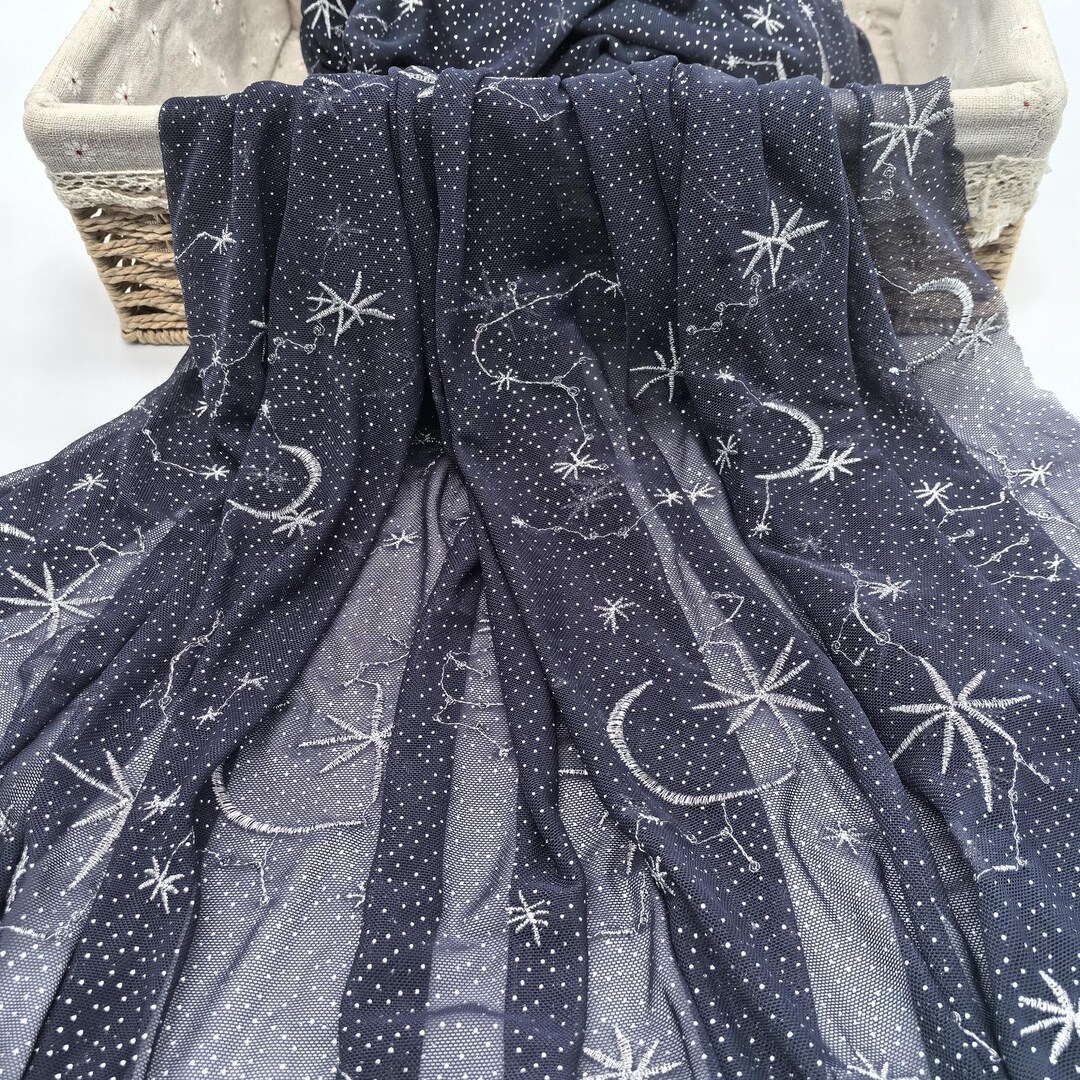 Navy Blue Moon Star Embroidered Lace, Spandex Mesh Embroidery Fabric With Foil, Silver ...