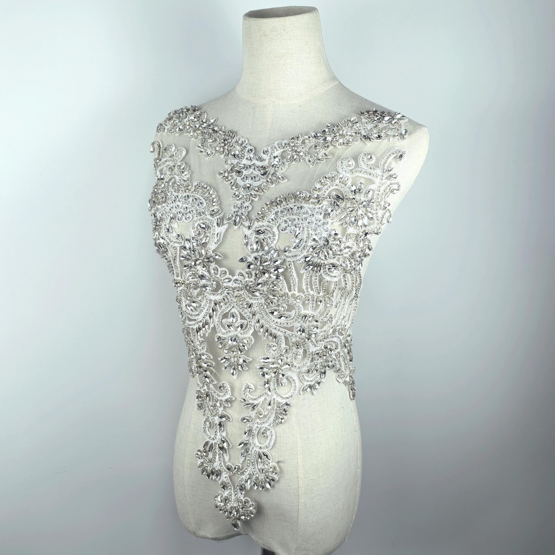 White Rhinestone Bodice, Bead Bodice Applique, Large Wedding Lace ...